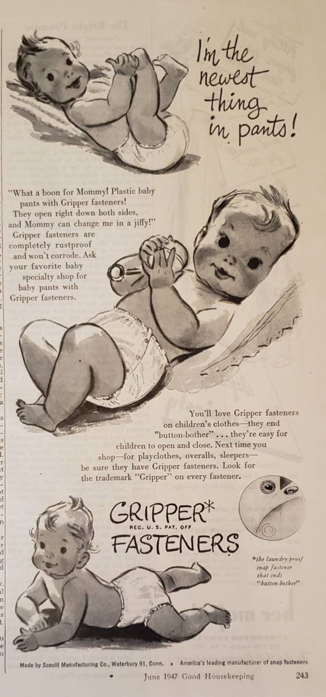 1947 GRIPPER FASTENERS Baby Diapers Pants Fastener Scovill ...