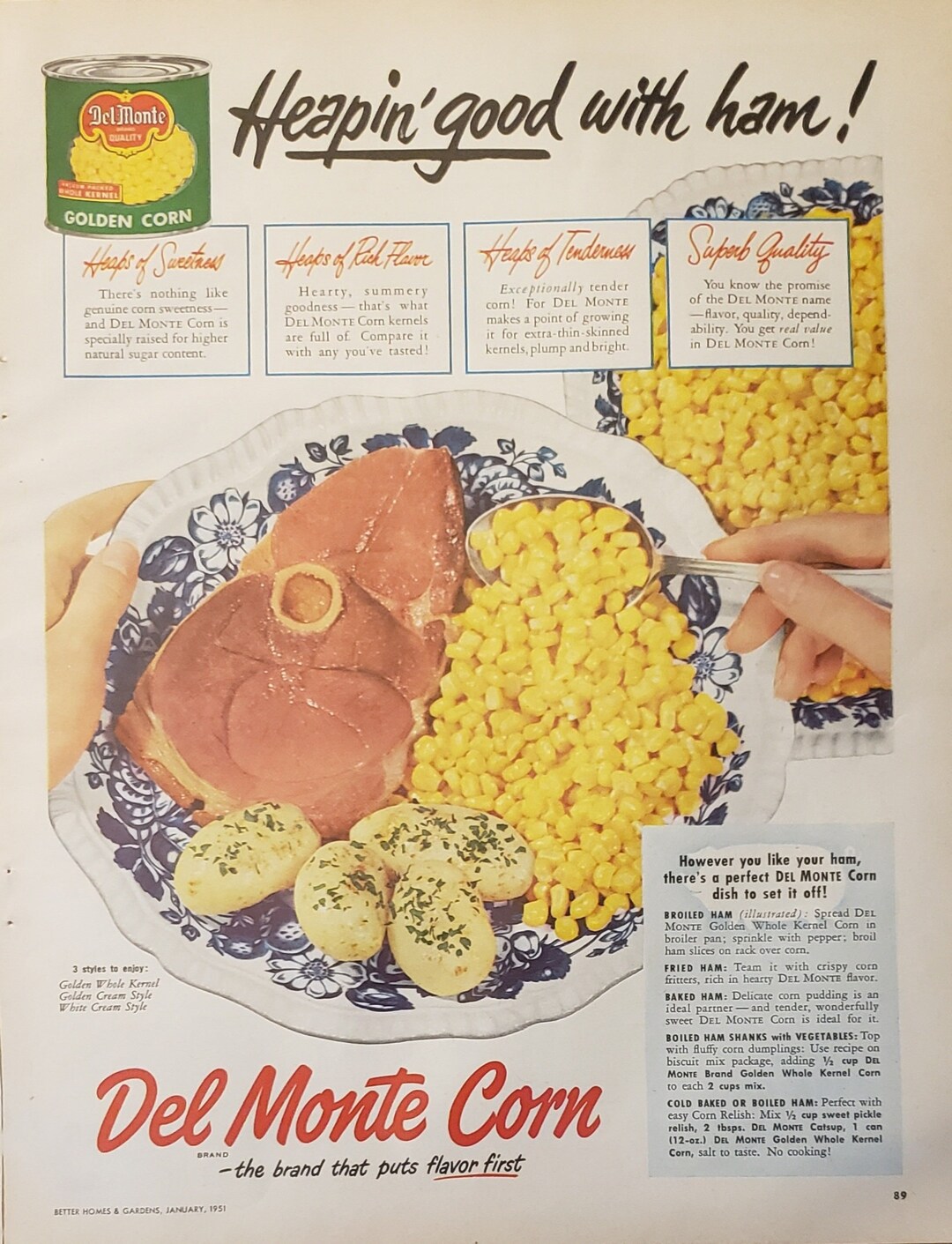 1951 DEL MONTE CORN Canned Food Vegetable Ham Dinner Vintage Print Ad ...