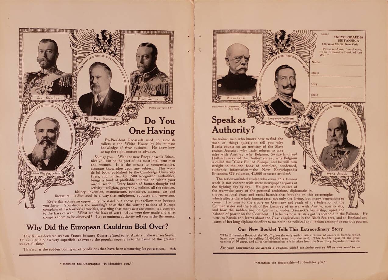 1914 ENCYCLOPEDIA BRITTANICA Europe Leaders War 2 Page Ad Arrow Dress ...