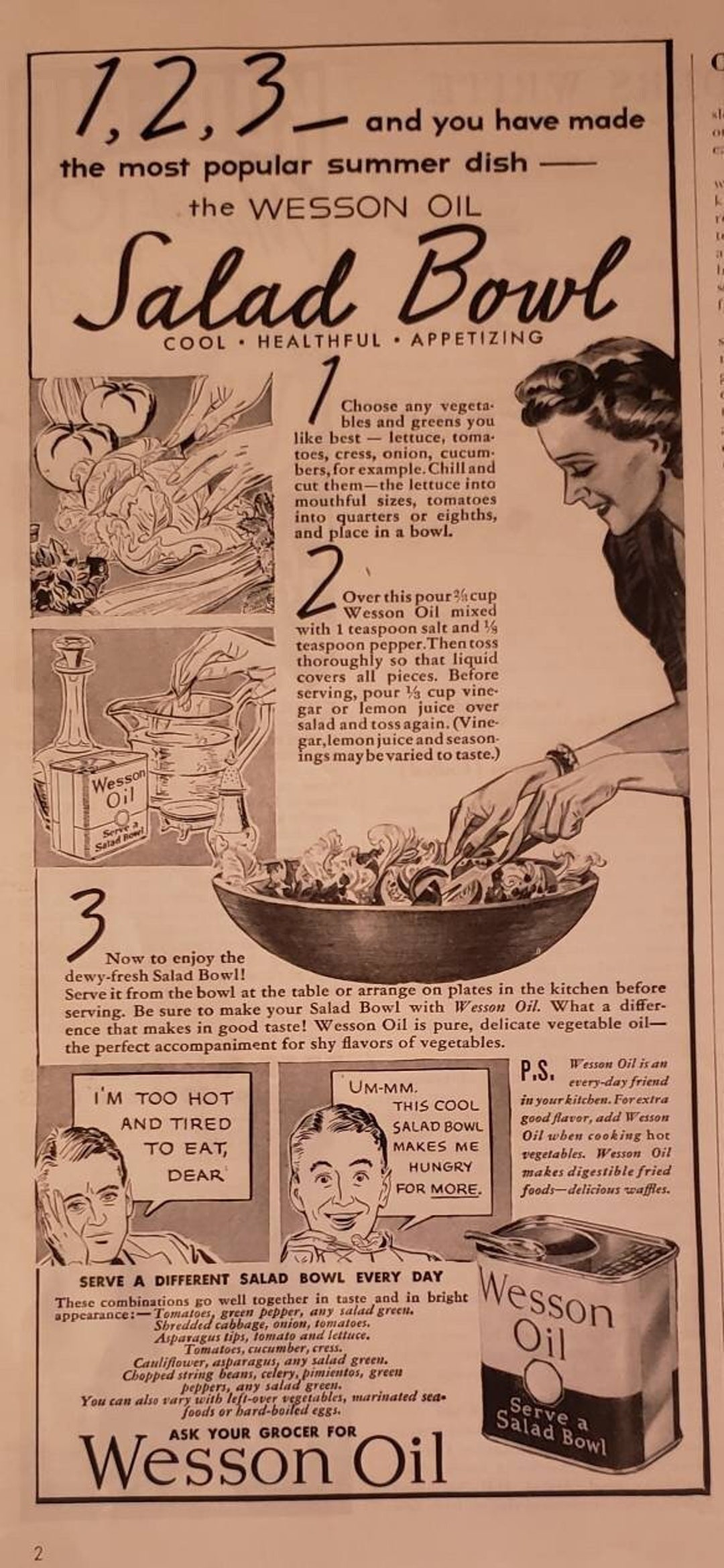 1938 WESSON OIL Salad Bowl Summer Dish Dressing Food Vintage Print Ad ...