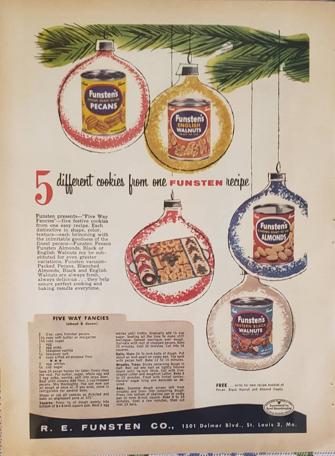 1957 FUNSTEN Nuts Pecans Walnuts Almonds Christmas Cookies Recipe Food ...