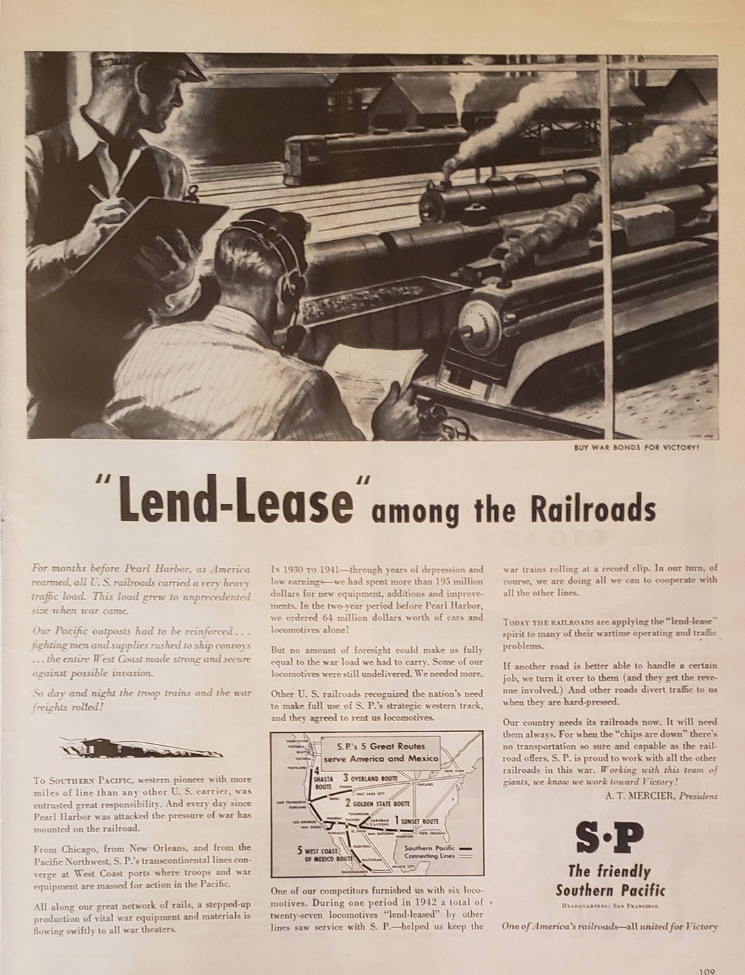 1943 SOUTHERN PACIFIC Railroads Lend Lease Trains Locomotives Rail ...