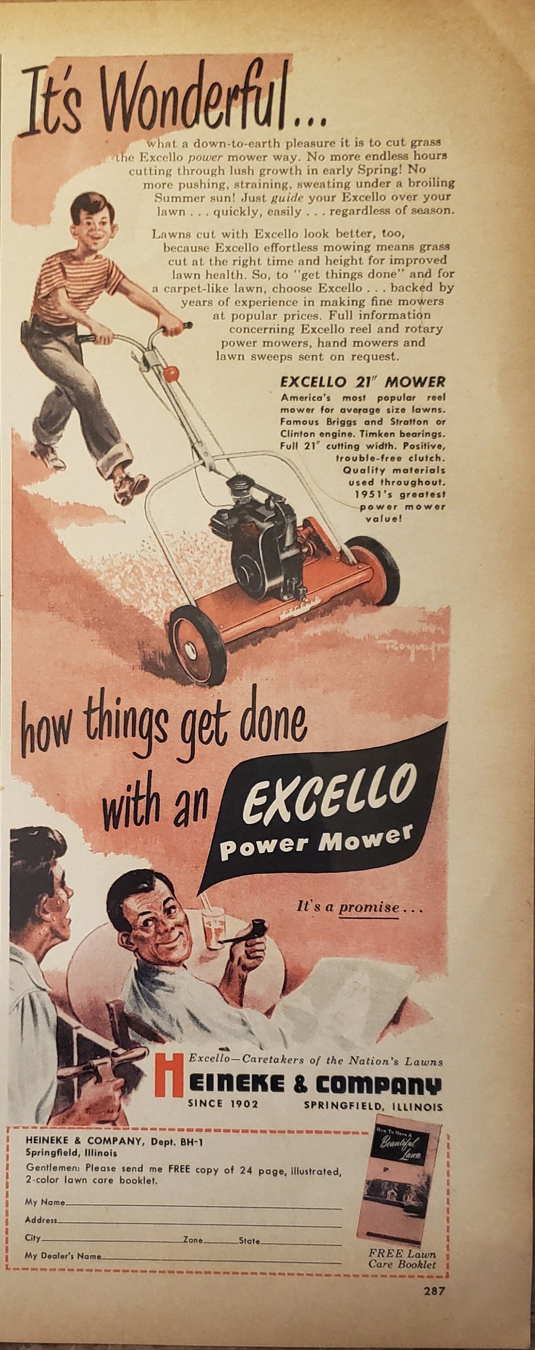 1951 EXCELLO Power Lawn Mower Heineke & Company Vintage Print Ad - Etsy