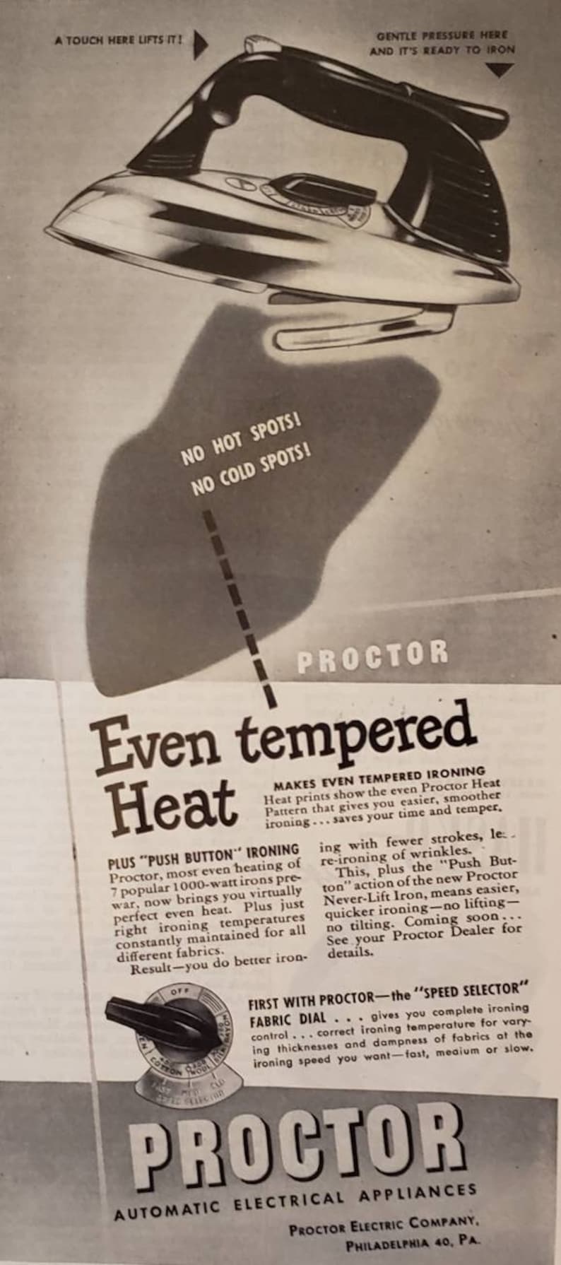 1946 PROCTOR Never Lift Iron Ironing Laundry Appliance Household ...