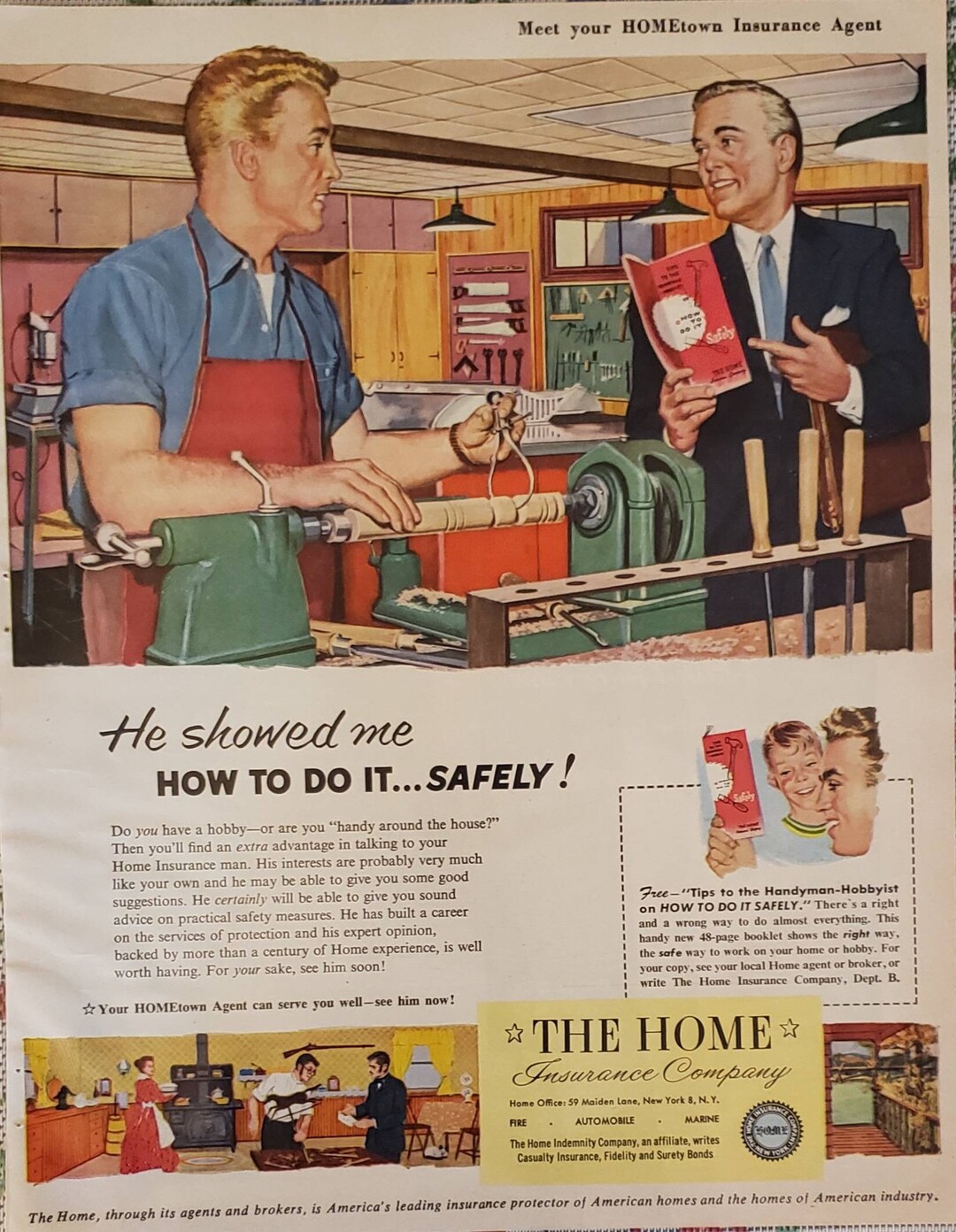 1954 THE HOME Insurance Company Agent Safety Woodworking Hobby Finance ...