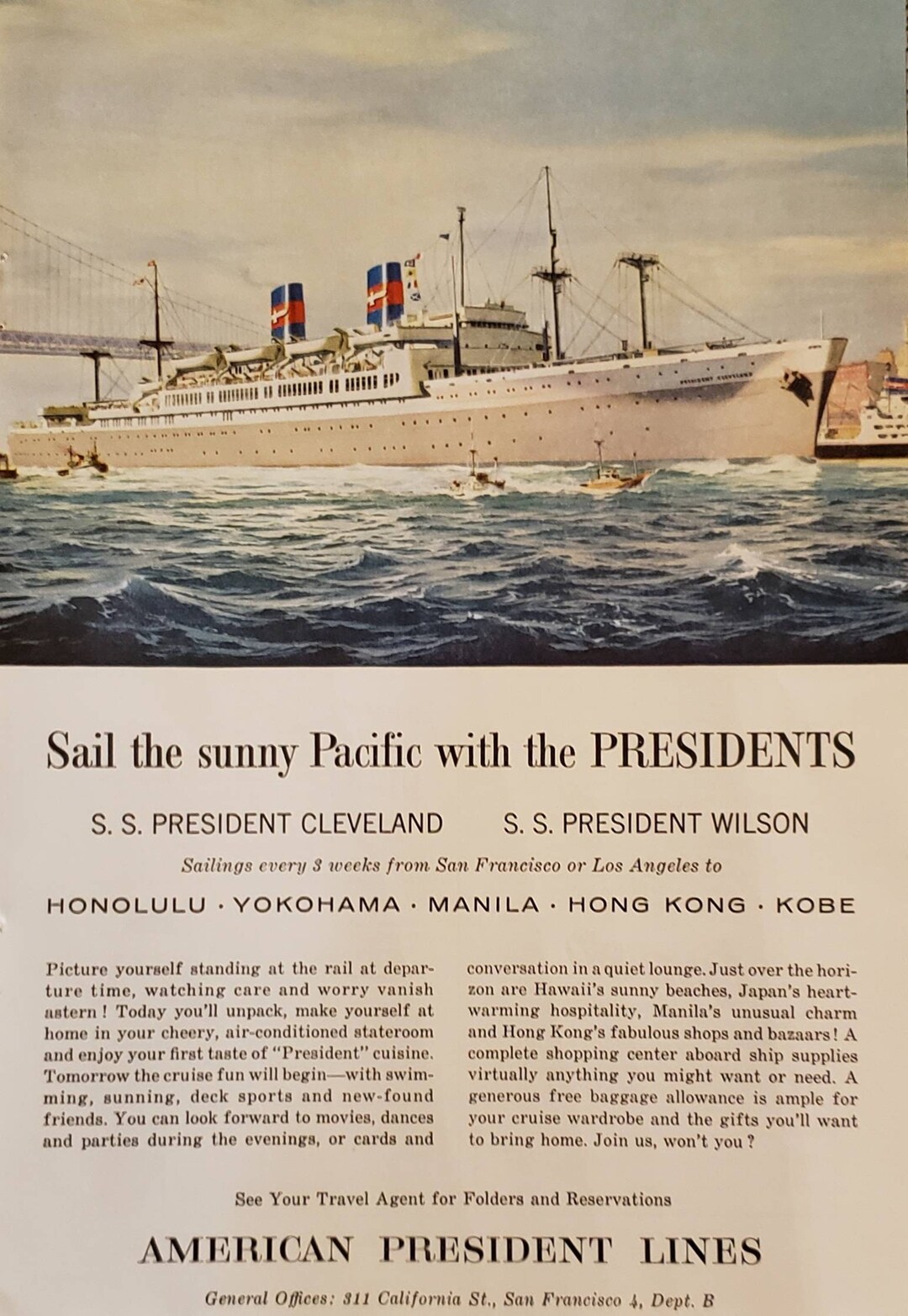 1956 AMERICAN PRESIDENT LINES Cruise Ship Liner Travel Orient Asia ...