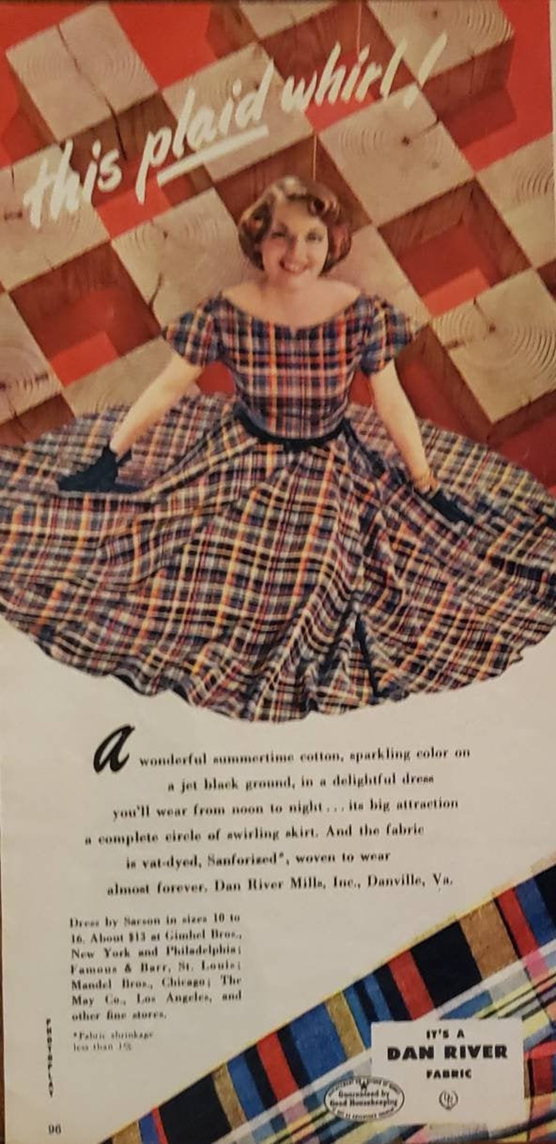 1948 DAN RIVER Mills Fabric Plaid Dress Women's Fashion Clothing Doris ...