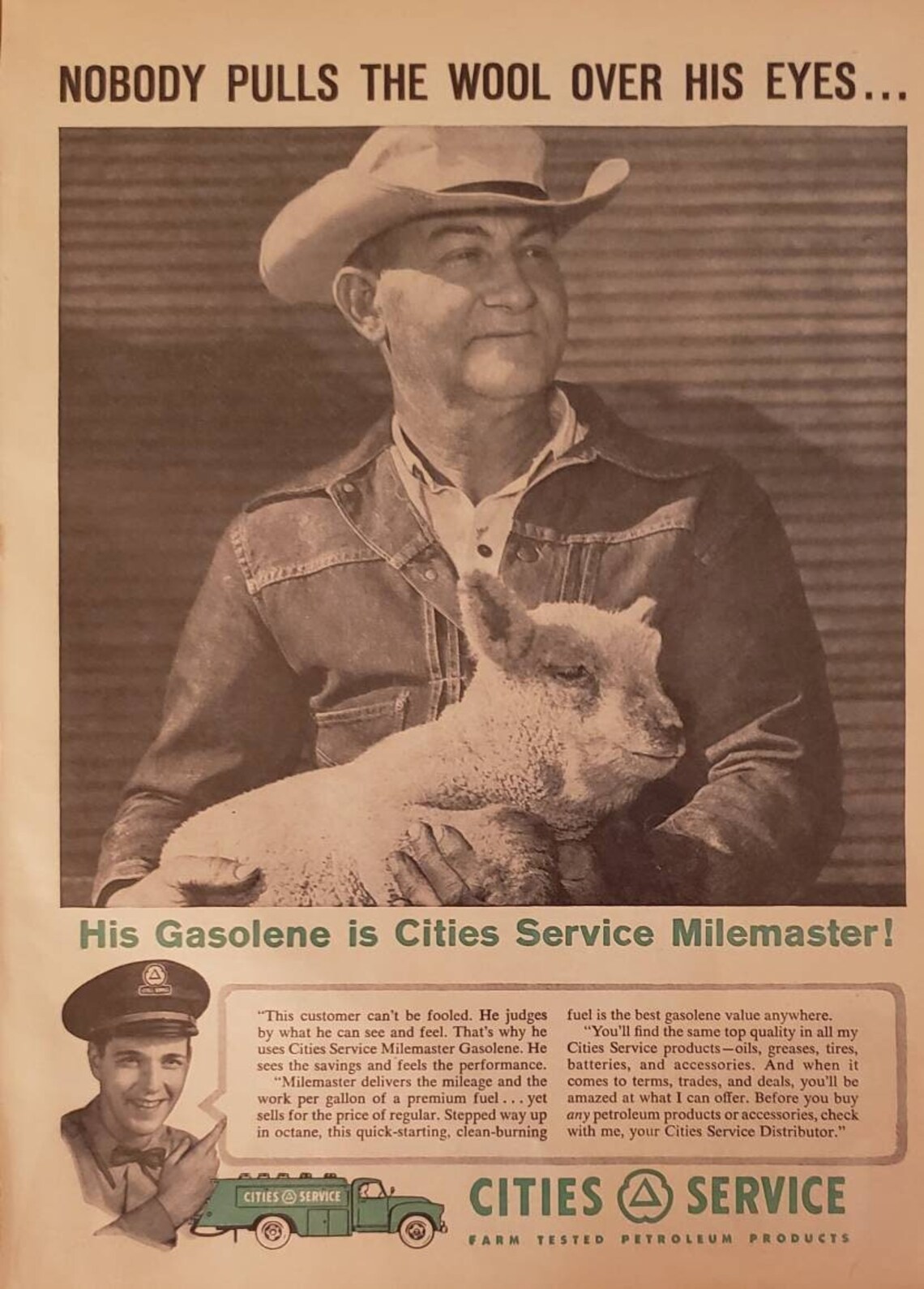 1958 CITIES SERVICE Milemaster Gasoline Gas Farmer Sheep Vintage Print ...