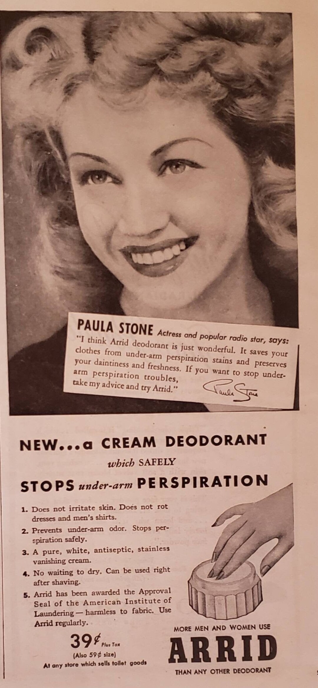 1945 ARRID CREAM DEODORANT Antiperspirant Paula Stone Actress Radio ...