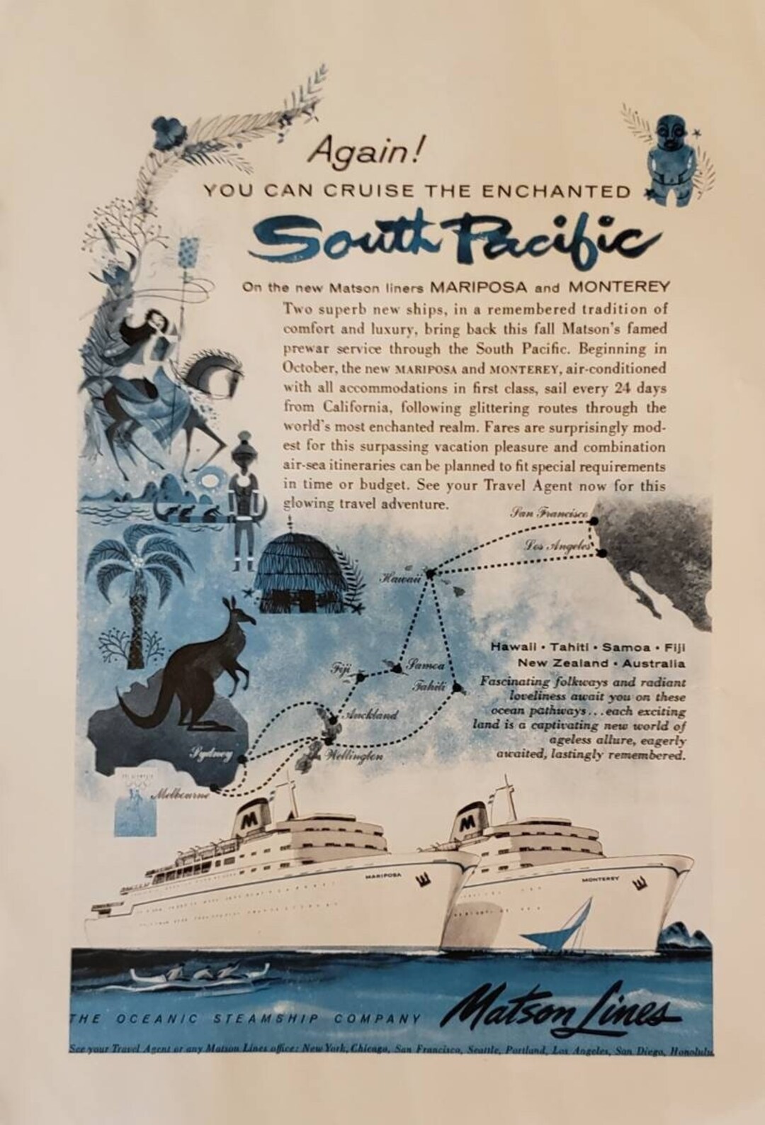 1956 MATSON LINES Cruise Ship Liner Steamship Travel South Pacific ...