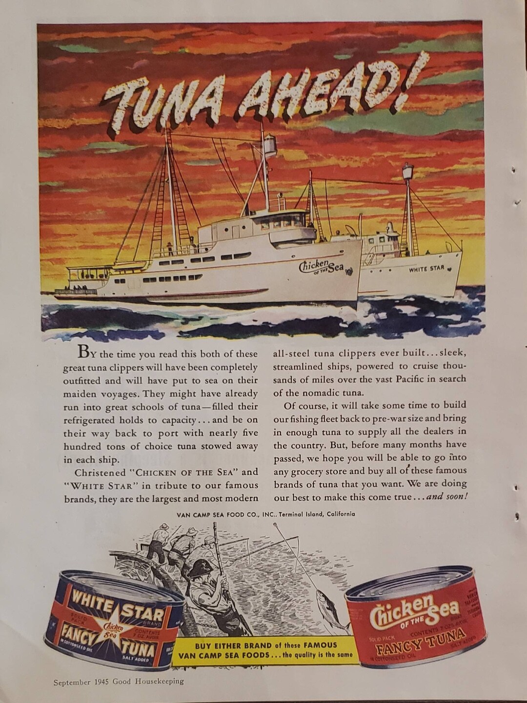1945 VAN KAMP SEAFOOD Tuna Clipper Ships Fishing Fleet Chicken of the ...