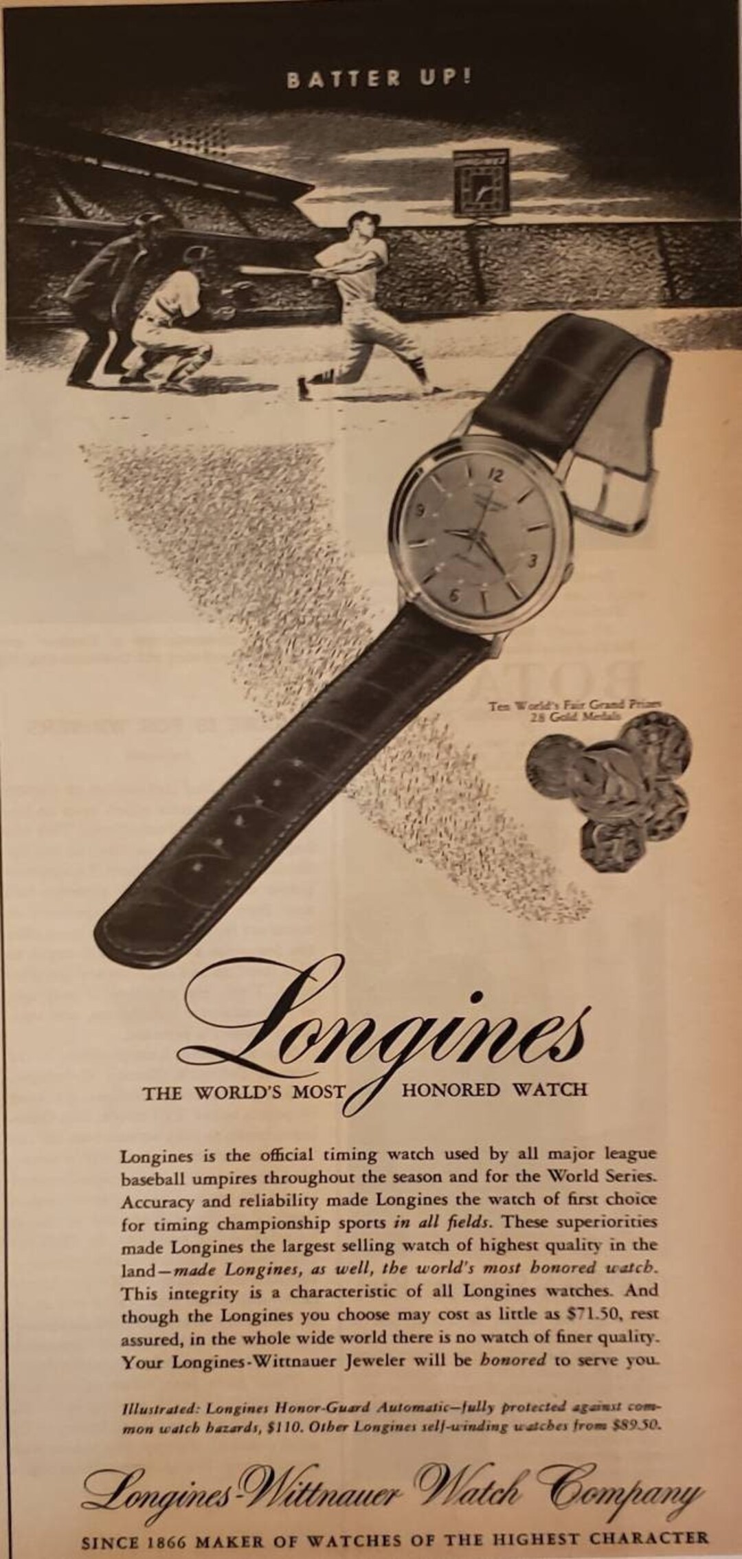 1957 LONGINES WITTNAUER WATCH Baseball World Series Batter up Timing ...