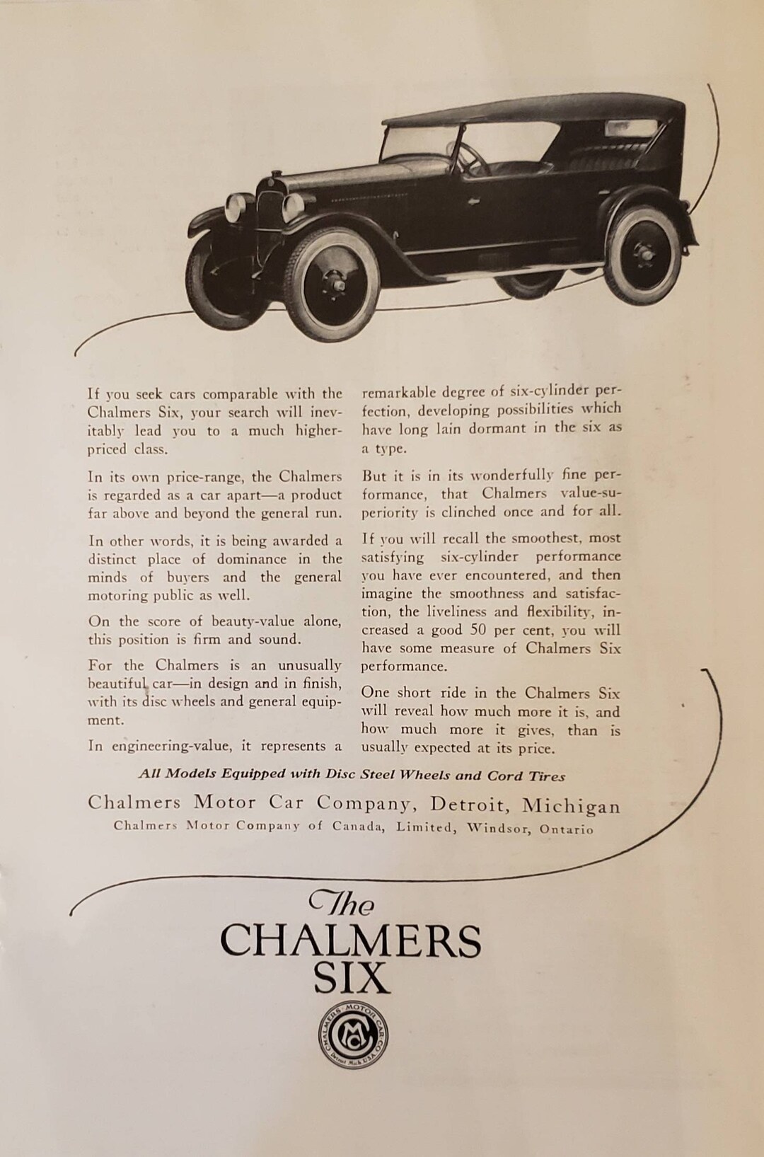 1922 THE CHALMERS SIX Chalmers Motor Car Company Detroit Vintage Print ...