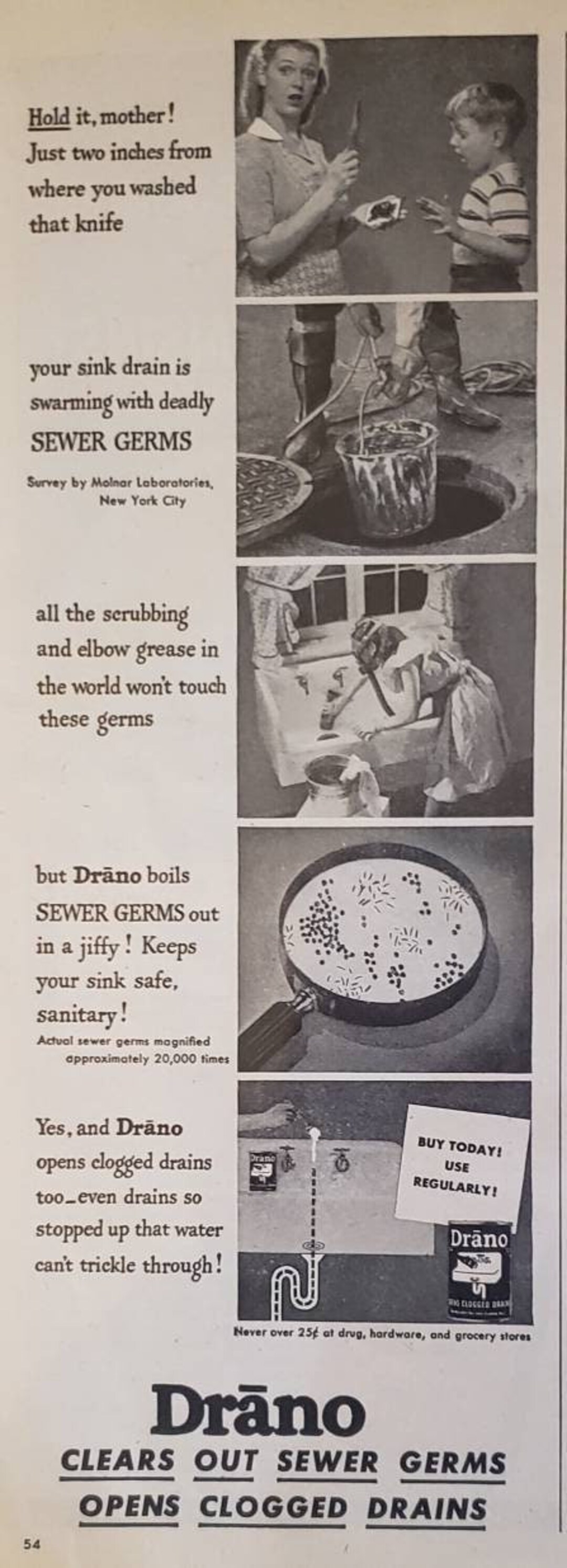 1944 DRANO Drain Cleaner Sink Clogged Drains Cleaning Sewer Germs ...