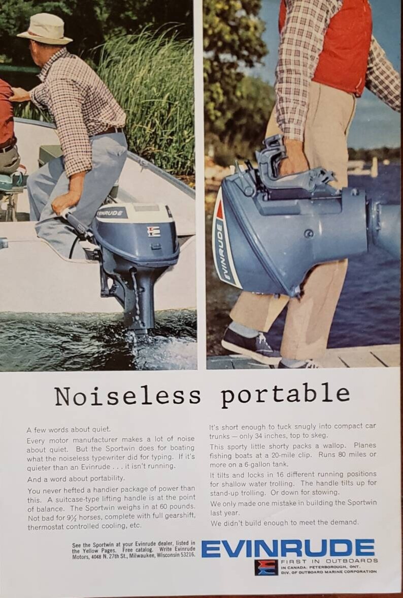 1965 EVINRUDE Boat Noiseless Portable Sportwin Outboard Motor Fishing ...