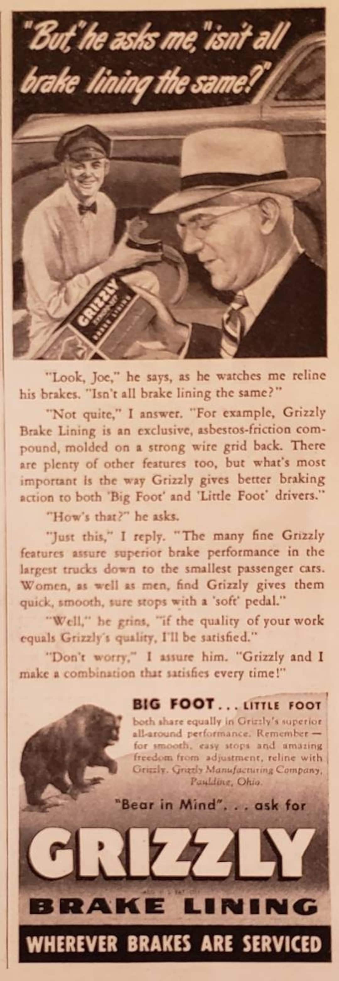 1947 GRIZZLY Brake Lining Brakescar Automotive Bear Vintage Print Ad - Etsy