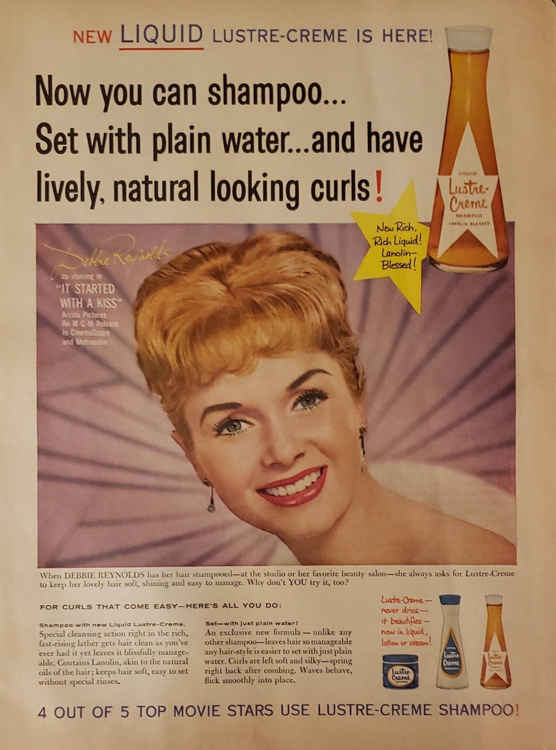 1959 LUSTRE CREME Shampoo Hair Beauty Actress Debbie Reynolds Vintage ...