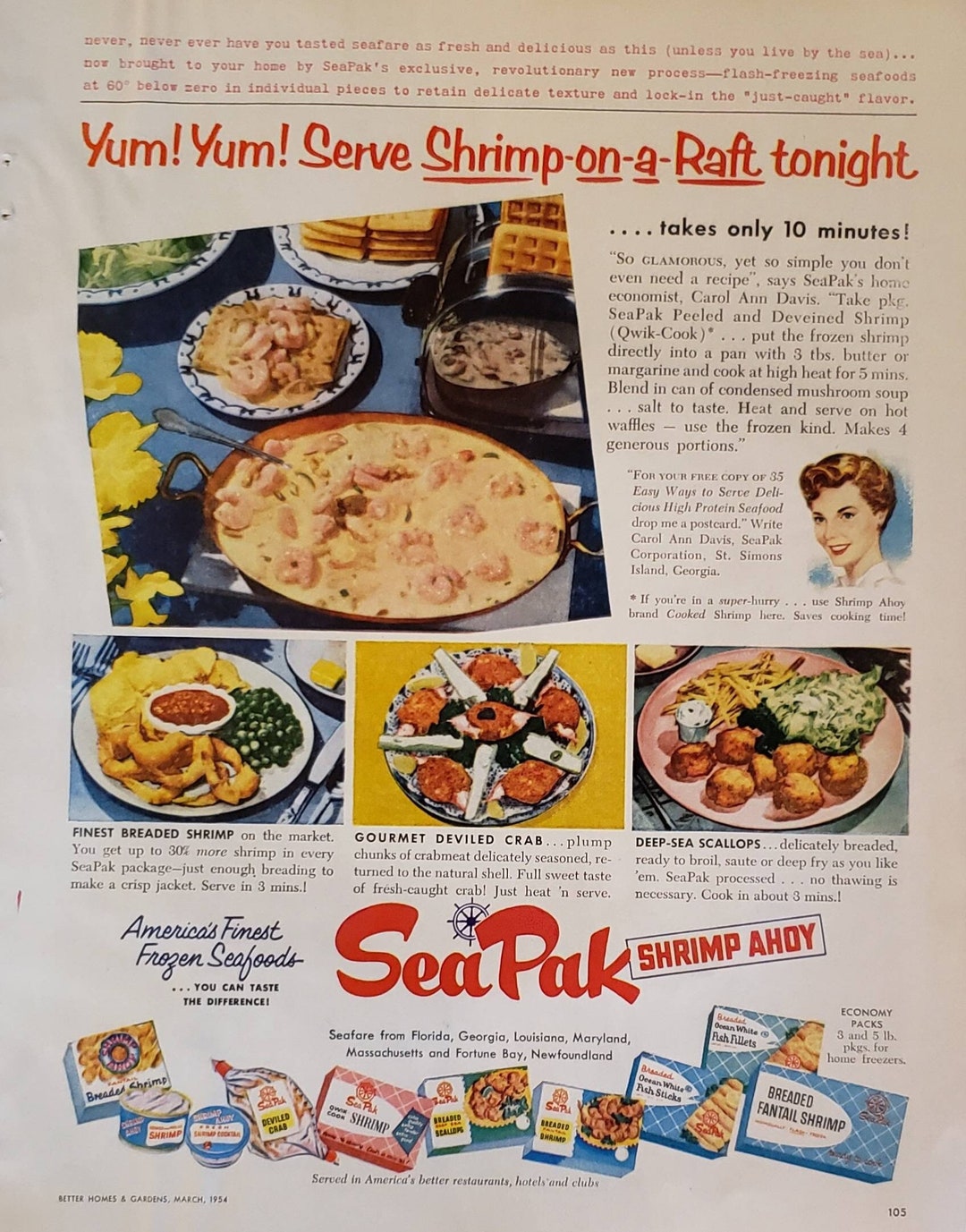 1954 SEAPAK Frozen Seafood Shrimp Crab Scallops Food DEL MONTE Corn ...