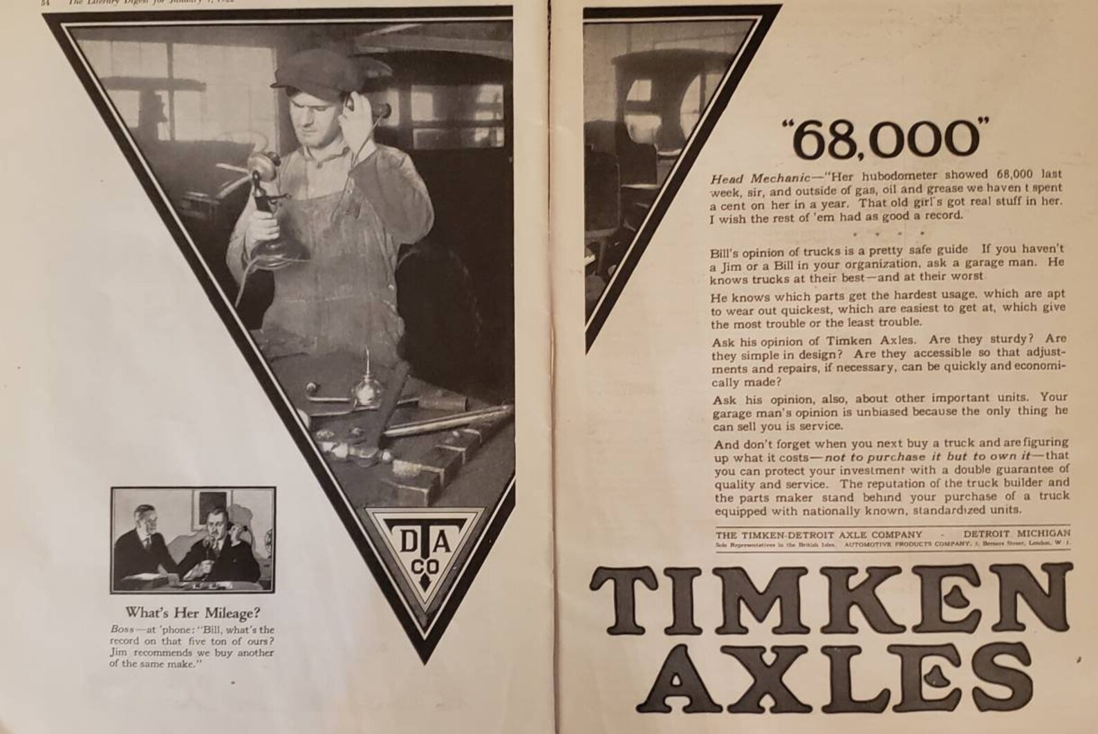 1922 TIMKEN AXLES Truck Axle Automotive Mechanic Hubodometer 2 Page ...