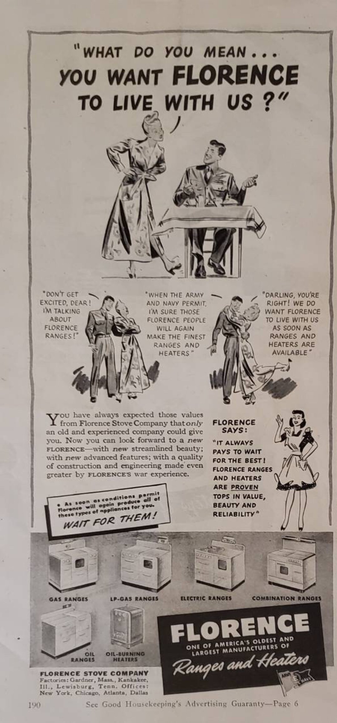 1945 FLORENCE STOVE COMPANY Ranges Heaters Appliances Vintage Print Ad ...