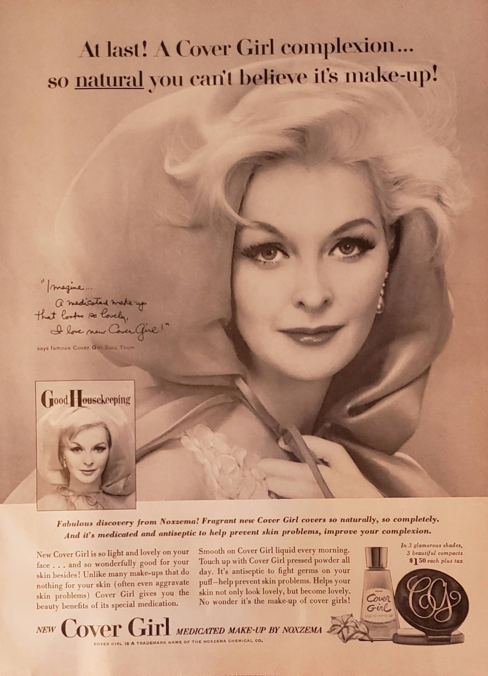 1961 COVER GIRL Medicated Makeup Noxzema Complexion Beauty Model Sara ...