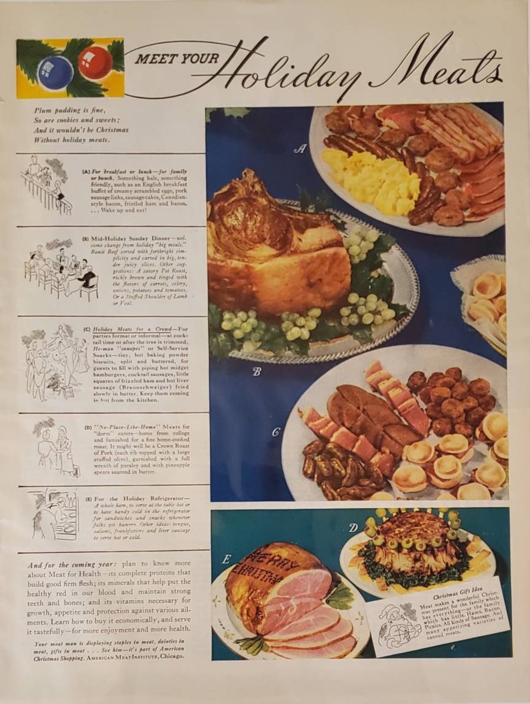 1940 AMERICAN MEAT INSTITUTE Chicago Holiday Meats Food Ham Pork ...