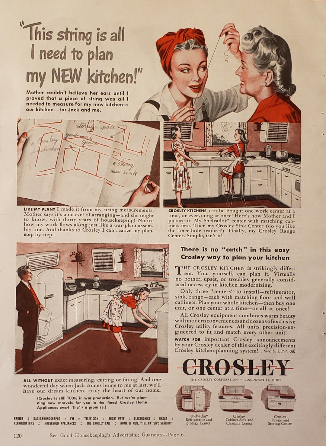 1945 CROSLEY Kitchen Planning String Appliances Housewife Vintage Print ...