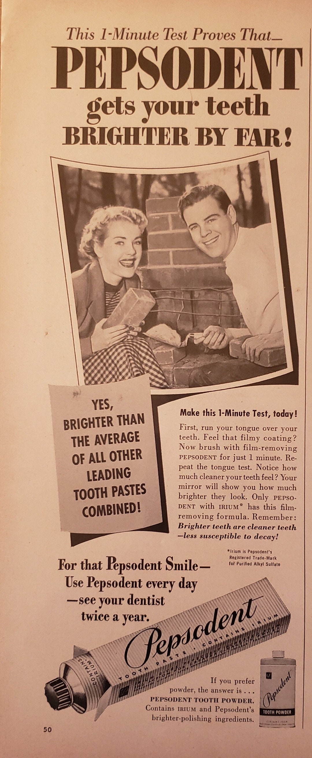 1951 PEPSODENT Tooth Paste Toothpaste Dental Health Brighter Teeth ...