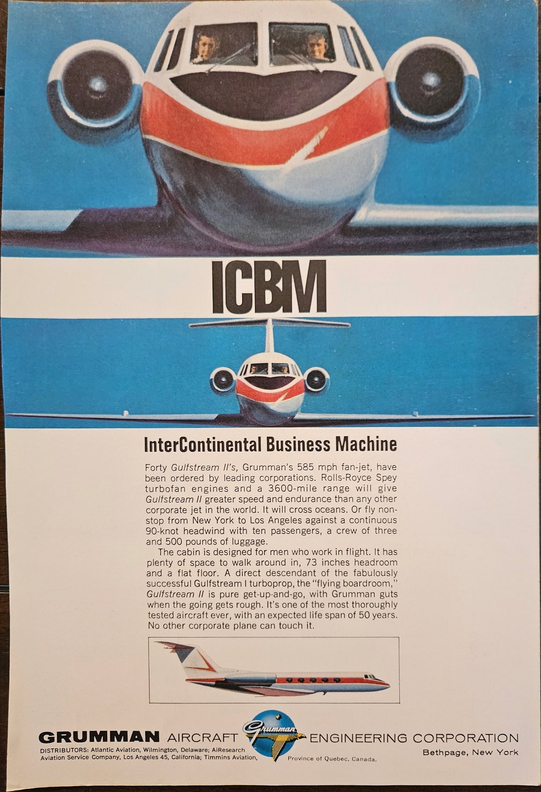 1966 GRUMMAN AIRCRAFT Vintage Ad, Gulfstream Jet Airplane ICBM ...