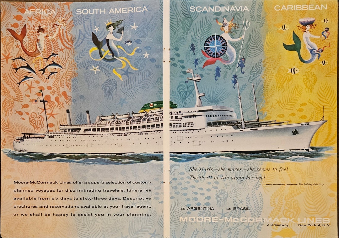 1963 MOORE MCCORMACK LINES Vintage 2 Page Ad, Cruise Ship Travel Paper ...