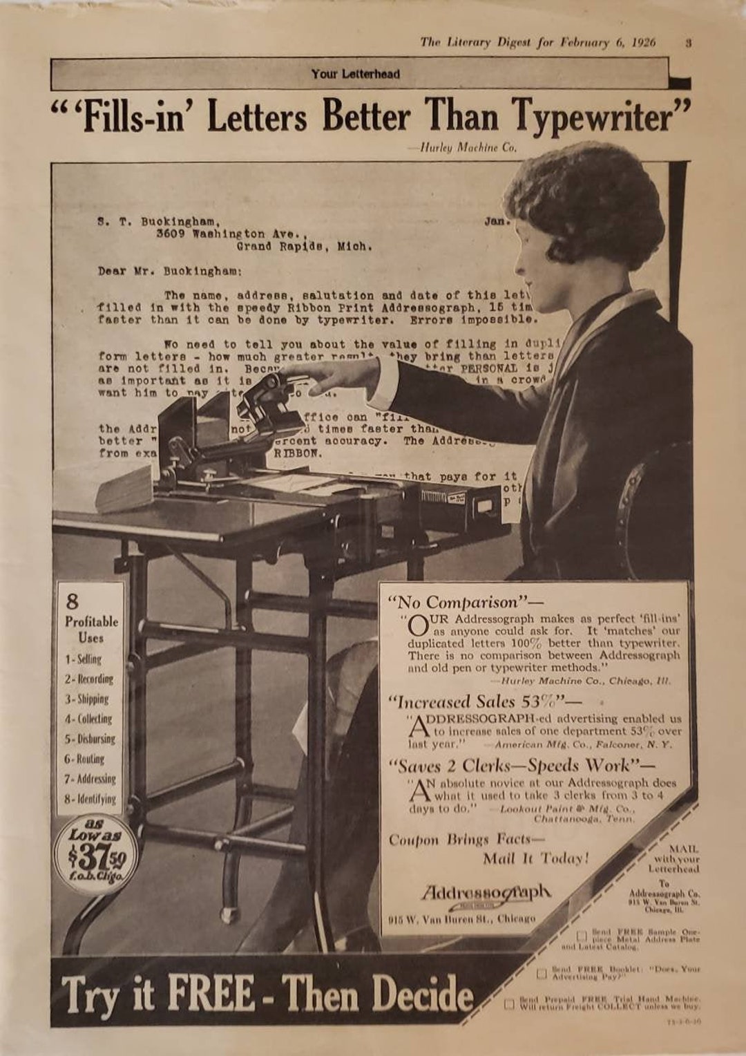 1926 ADDRESSOGRAPH Office Machine Secretary Chicago Vintage Print Ad - Etsy