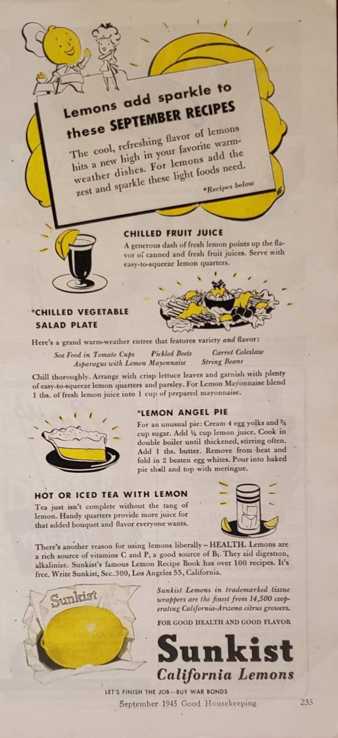 1945 SUNKIST California Lemons September Lemon Recipes Fruit Citrus ...