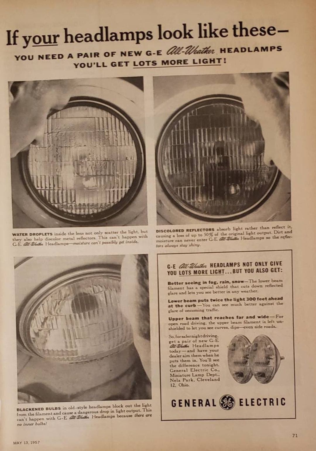 1957 General Electric GE Car All Weather Headlamps Lights Automotive ...