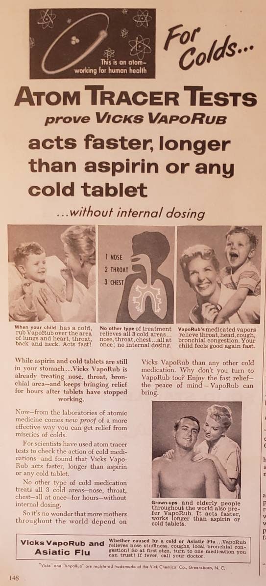 1957 VICKS VAPORUB Cold Medicine Health Asiatic Flu Atom Tracer Tests ...