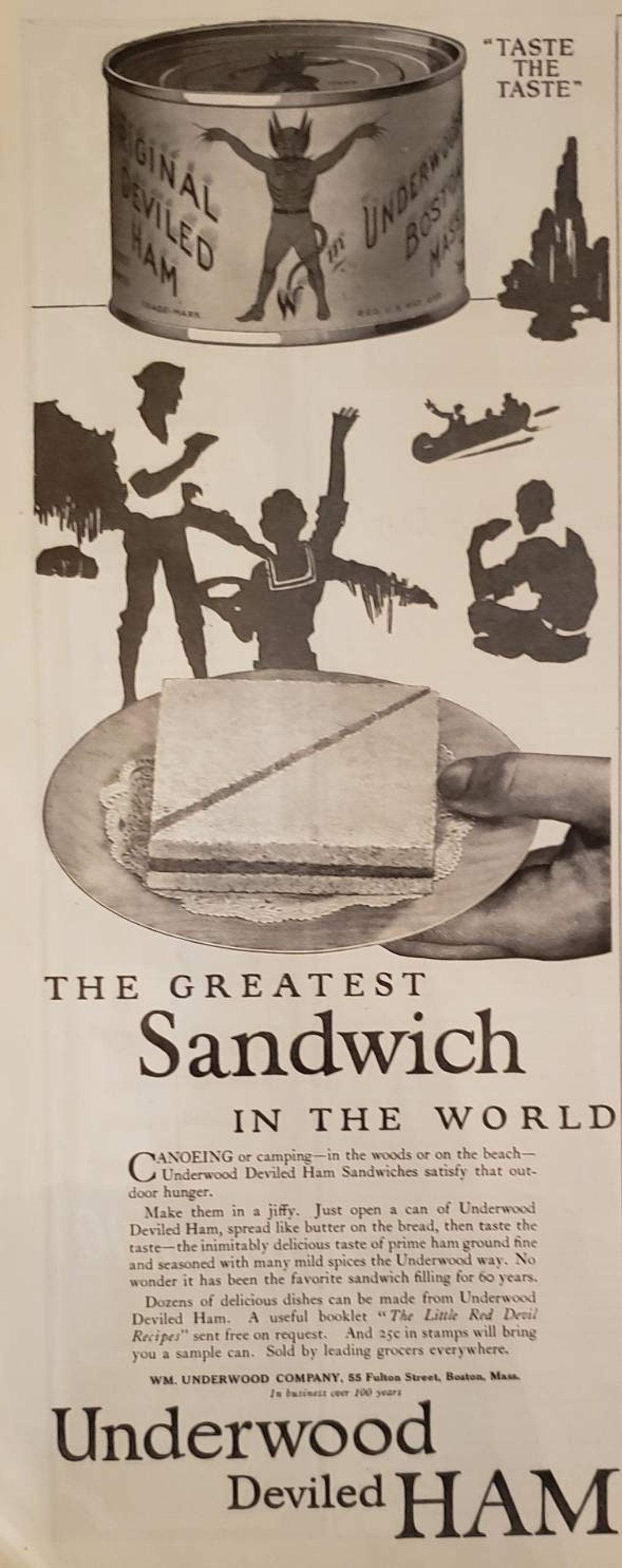 1923 UNDERWOOD DEVILED HAM Canned Meat Food Sandwiches Canoeing Camping ...