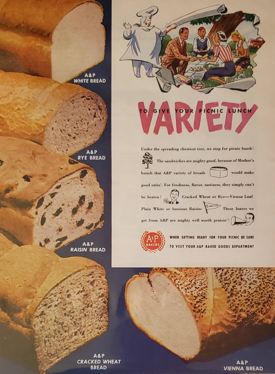 1940 A&P BREAD Picnic Lunch Variety Breads Sandwiches Bakery Vintage ...