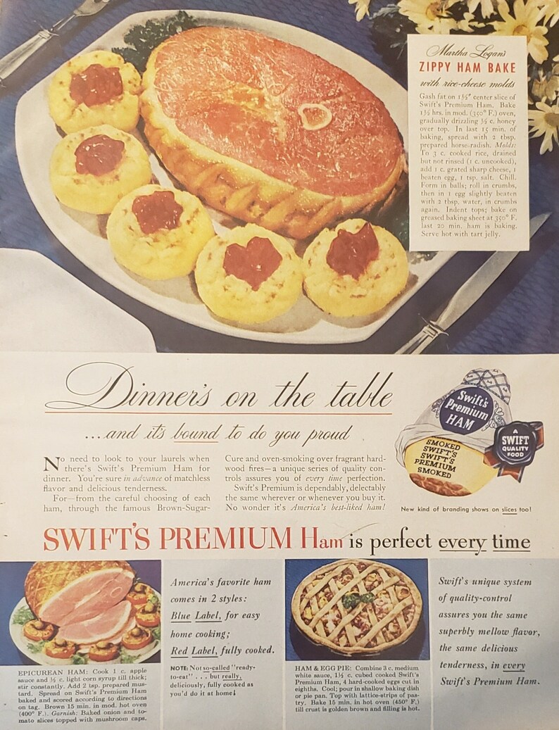 1951 SWIFT'S Premium Ham Dinner Swift Quality Food Meat Vintage Print ...
