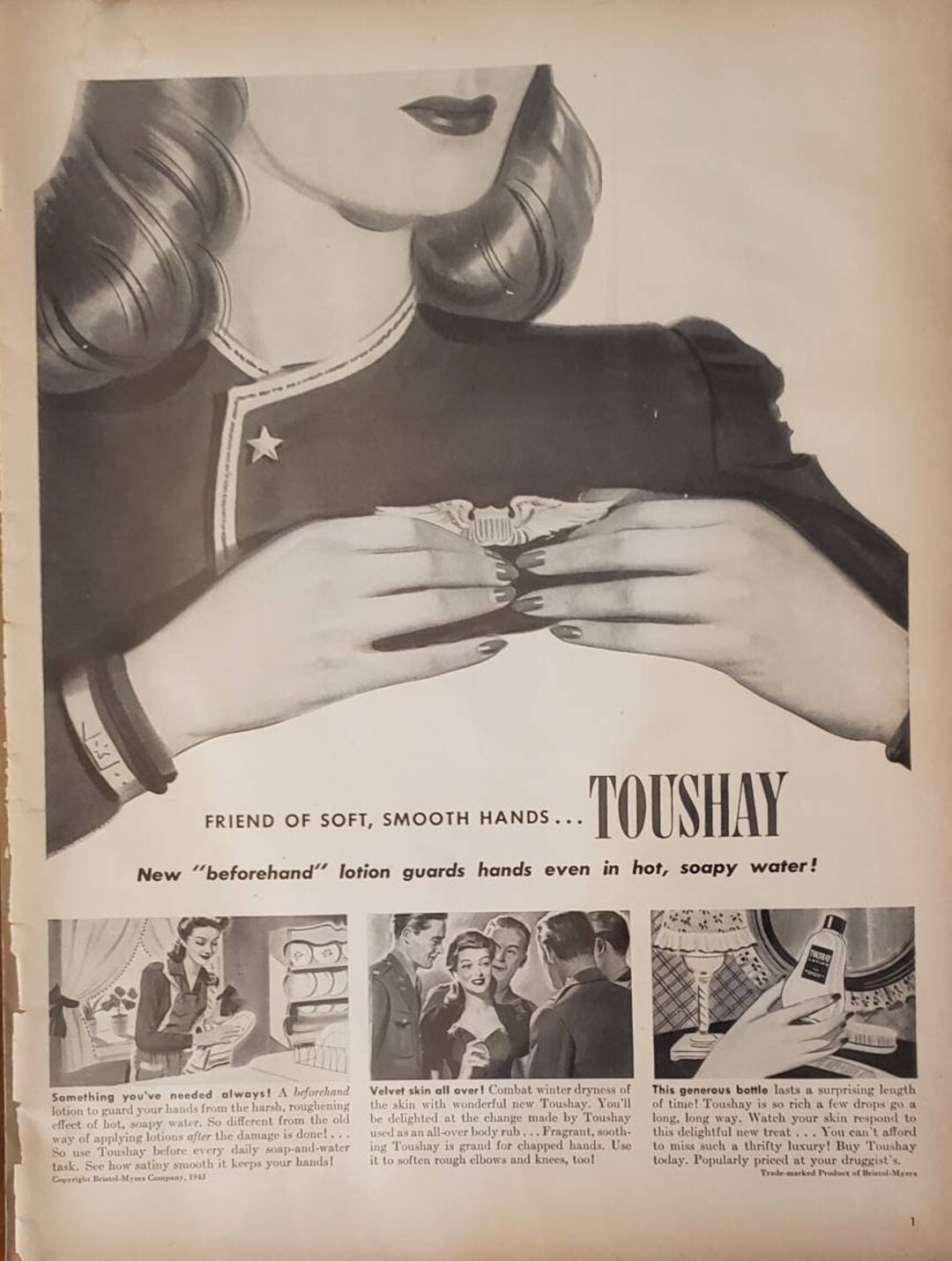 1943 TOUSHAY Lotion Soft Smooth Skin Care Beauty World War 2 Vintage ...
