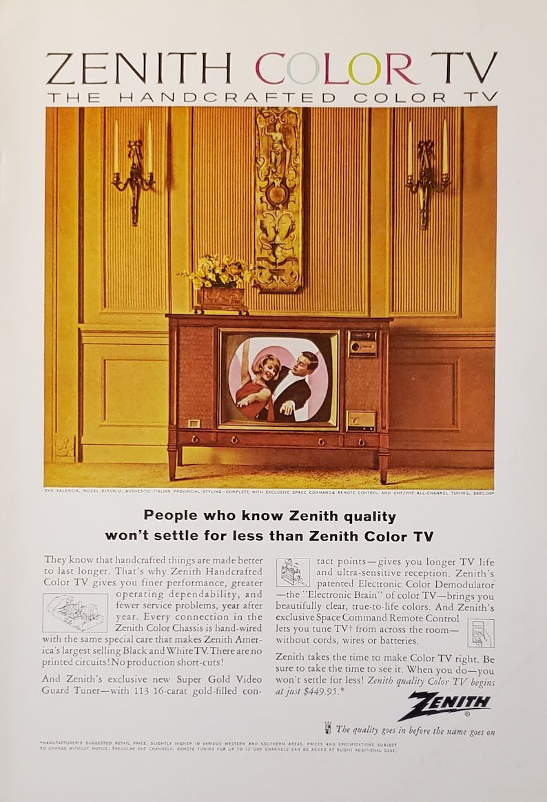 1964 ZENITH Color TV Television Vintage Print Ad Wall Decor - Etsy