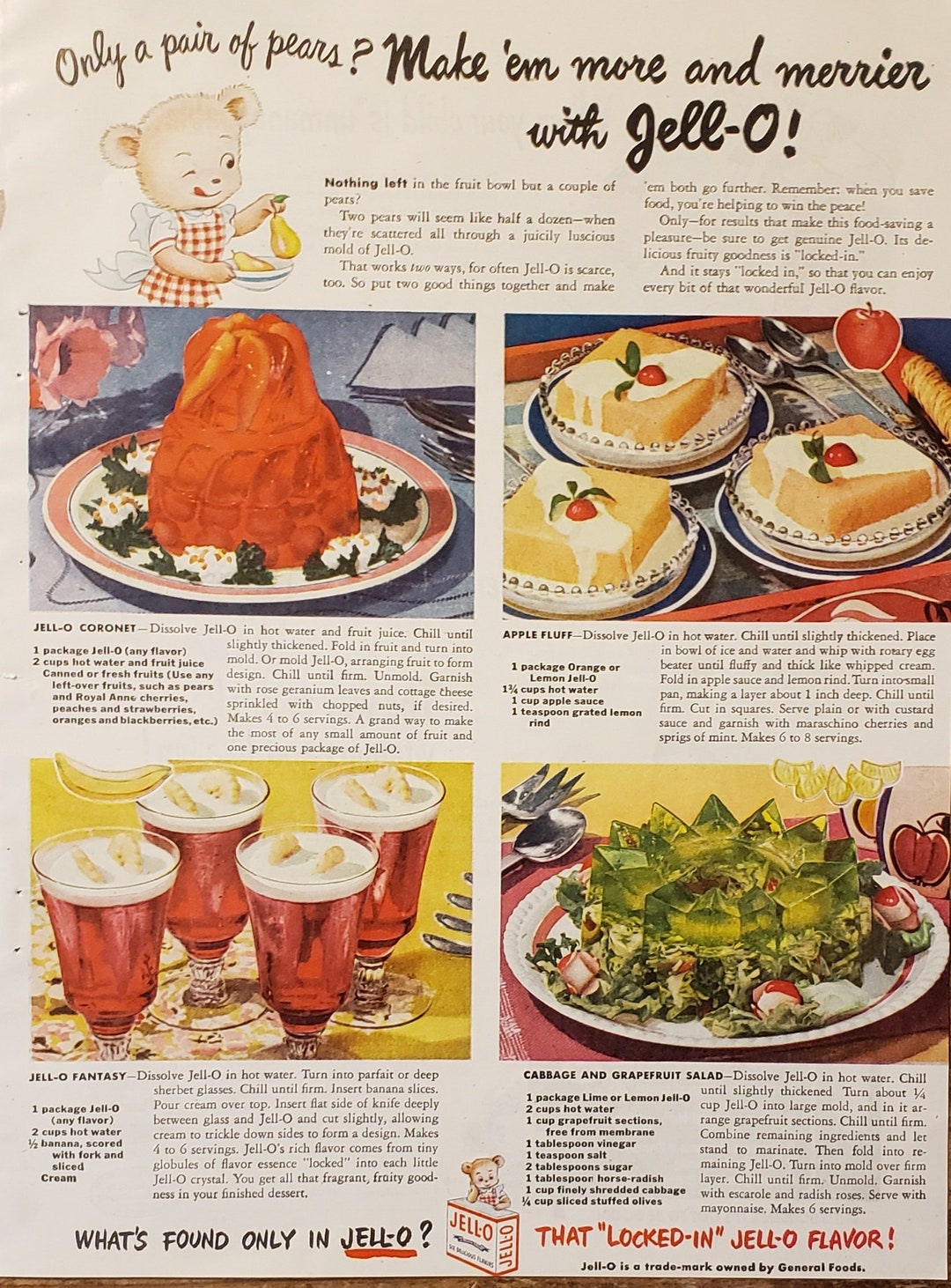 1945 JELL-O General Foods Jello Molds Fruit Recipes Food Vintage Print ...