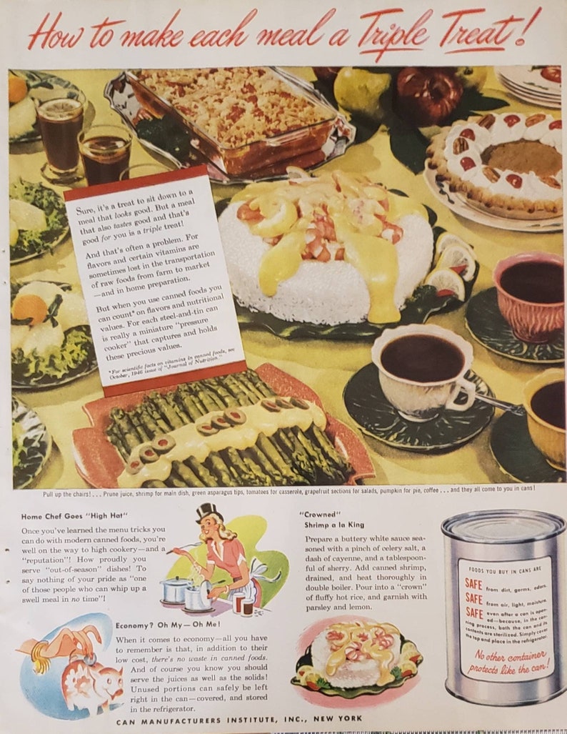 1947 CAN MANUFACTURERS INSTITUTE Canned Food Recipe Ideas Vintage Print ...
