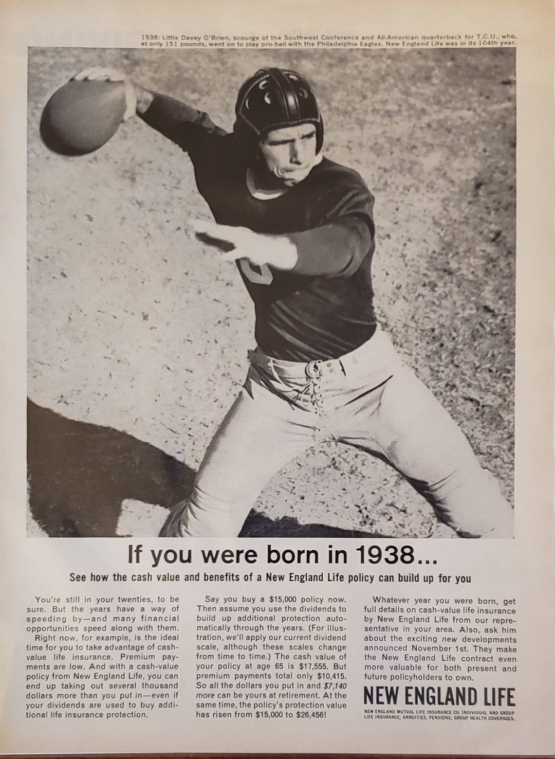 1963 NEW ENGLAND LIFE Insurance Policy Football Player Little Davey O ...
