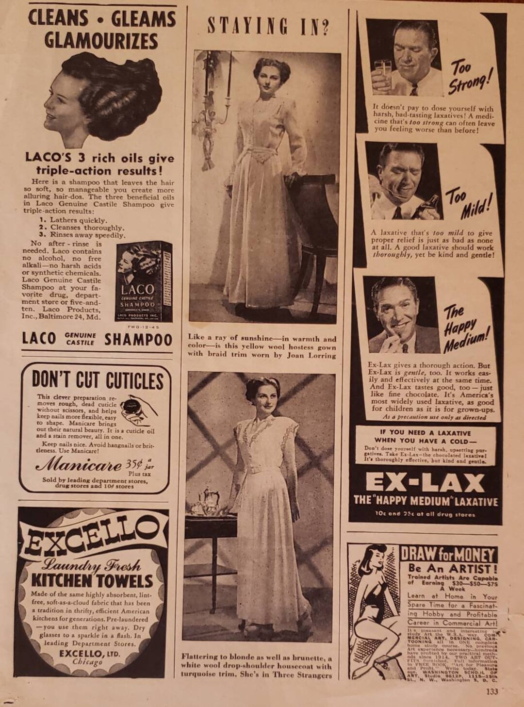 1941 VARIOUS ADS Ex-lax Laco Shampoo Excello Kitchen Towels BC Headache ...