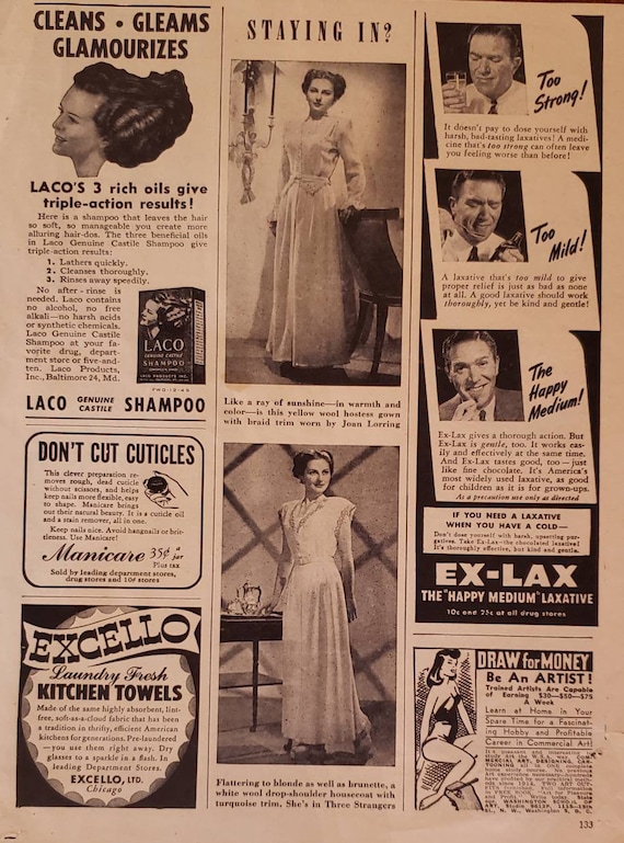 1941 VARIOUS ADS Ex-lax Laco Shampoo Excello Kitchen Towels BC - Etsy