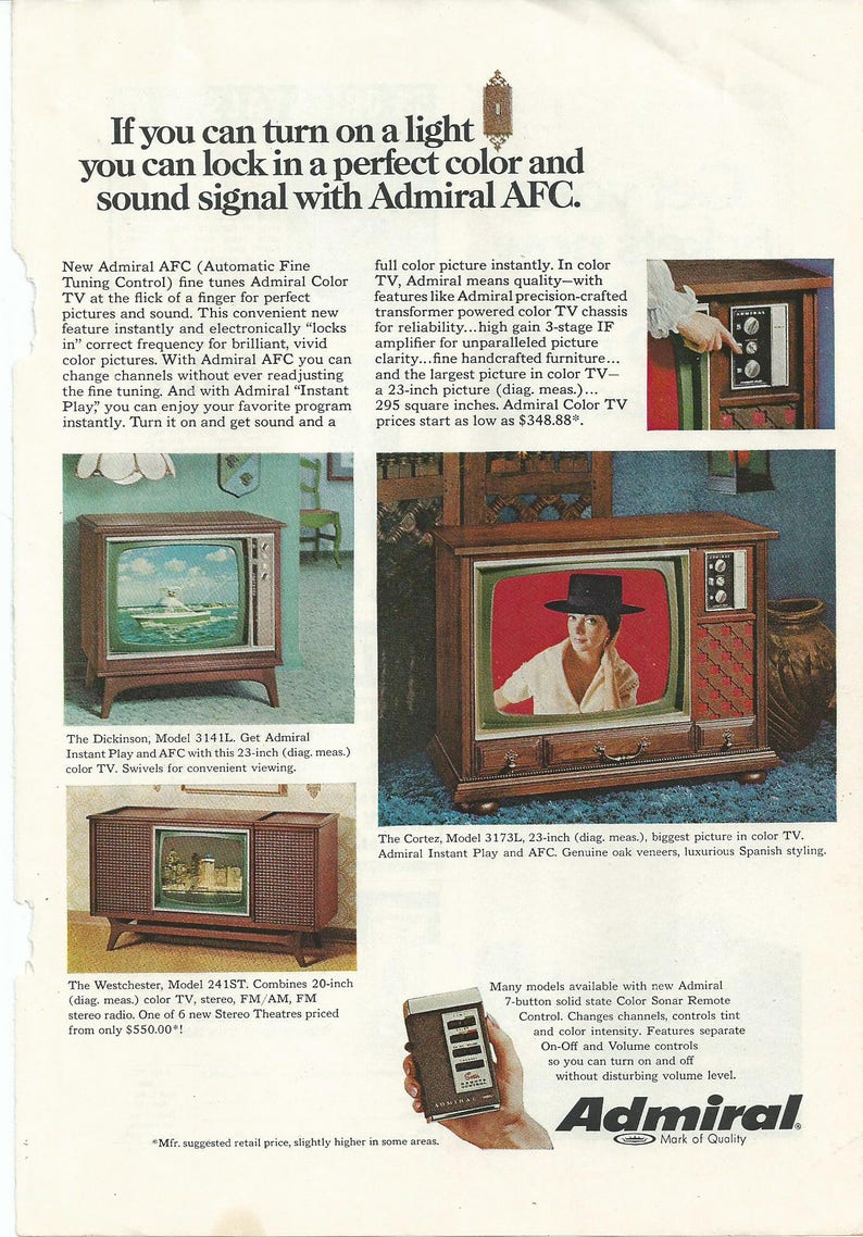 1968 Admiral Color TV Vintage Ad Admiral AFC Remote - Etsy