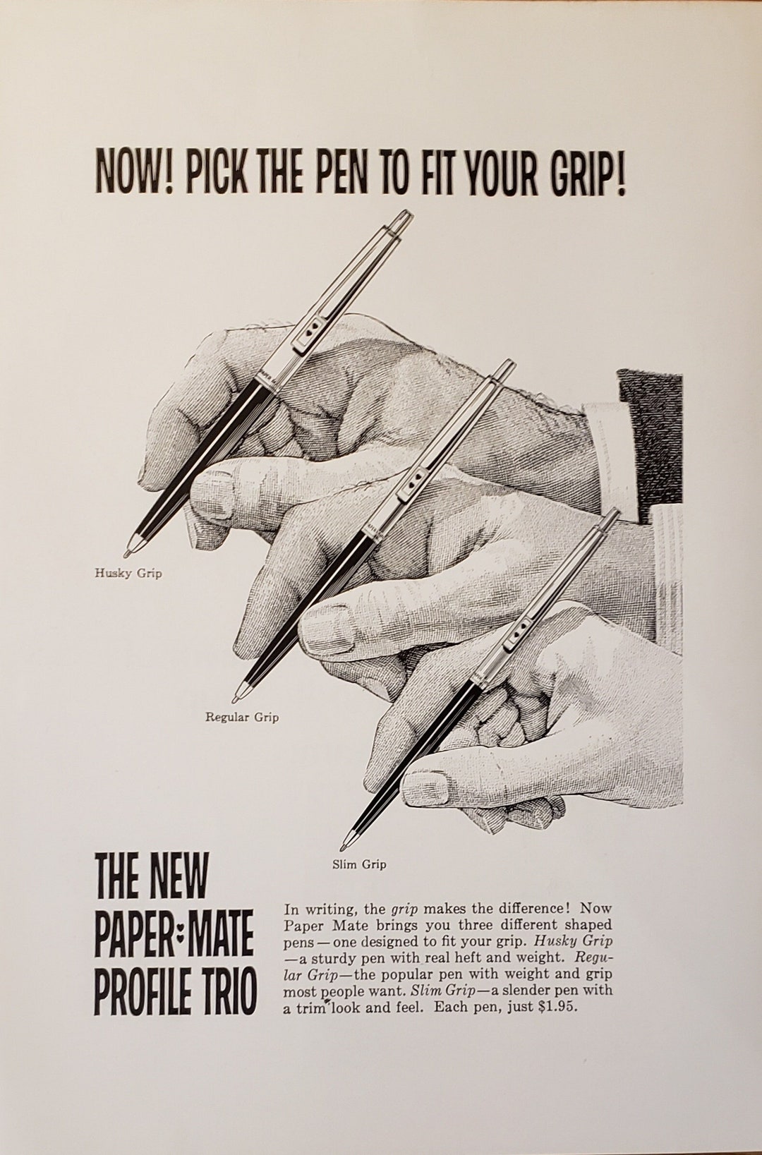 1964 PAPER MATE Pen Profile Trio Pens Writing Hand Grip Vintage Print ...