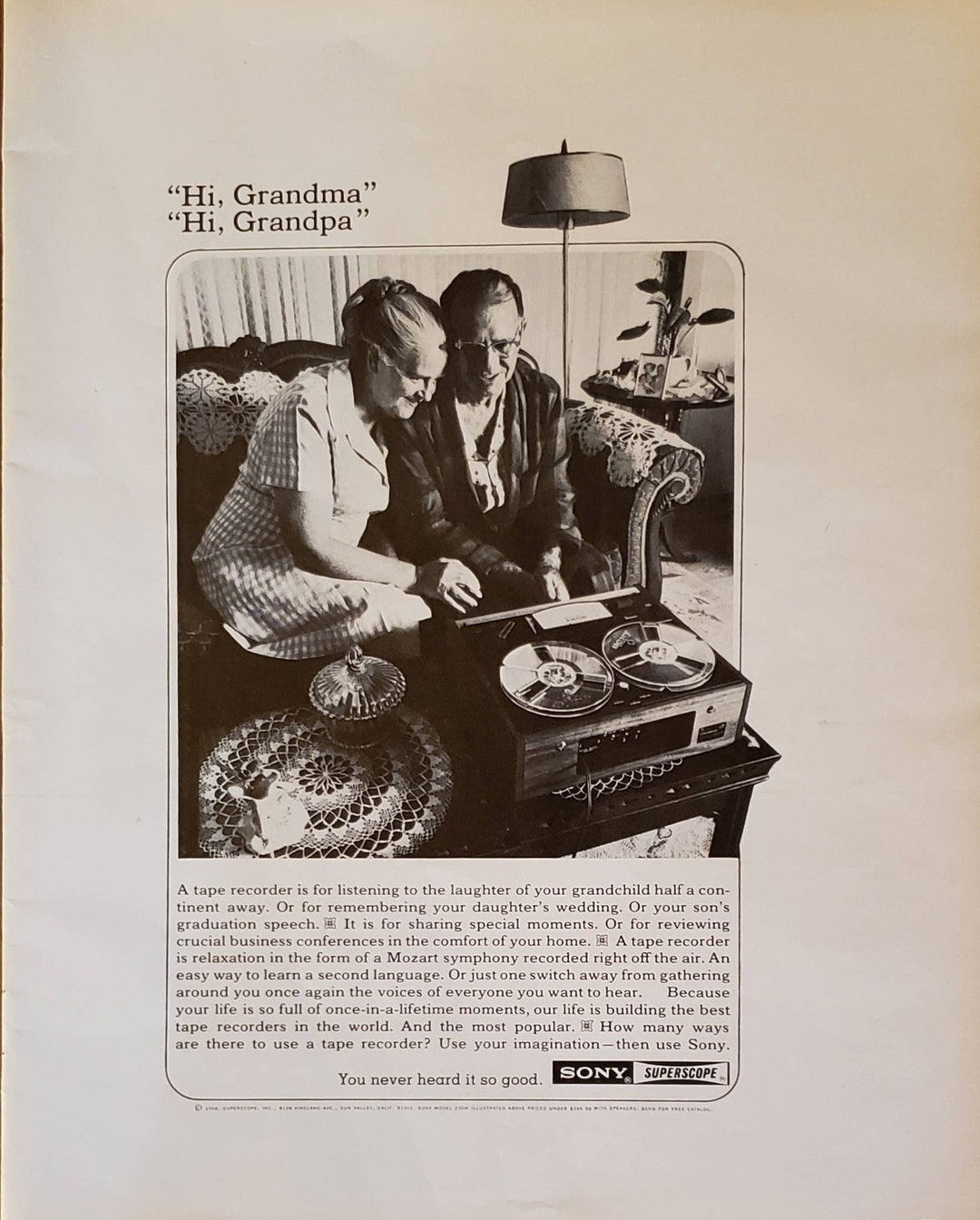 1968 SONY Tape Recorder Grandma Grandpa Life Moments SEAGRAM'S Crown ...