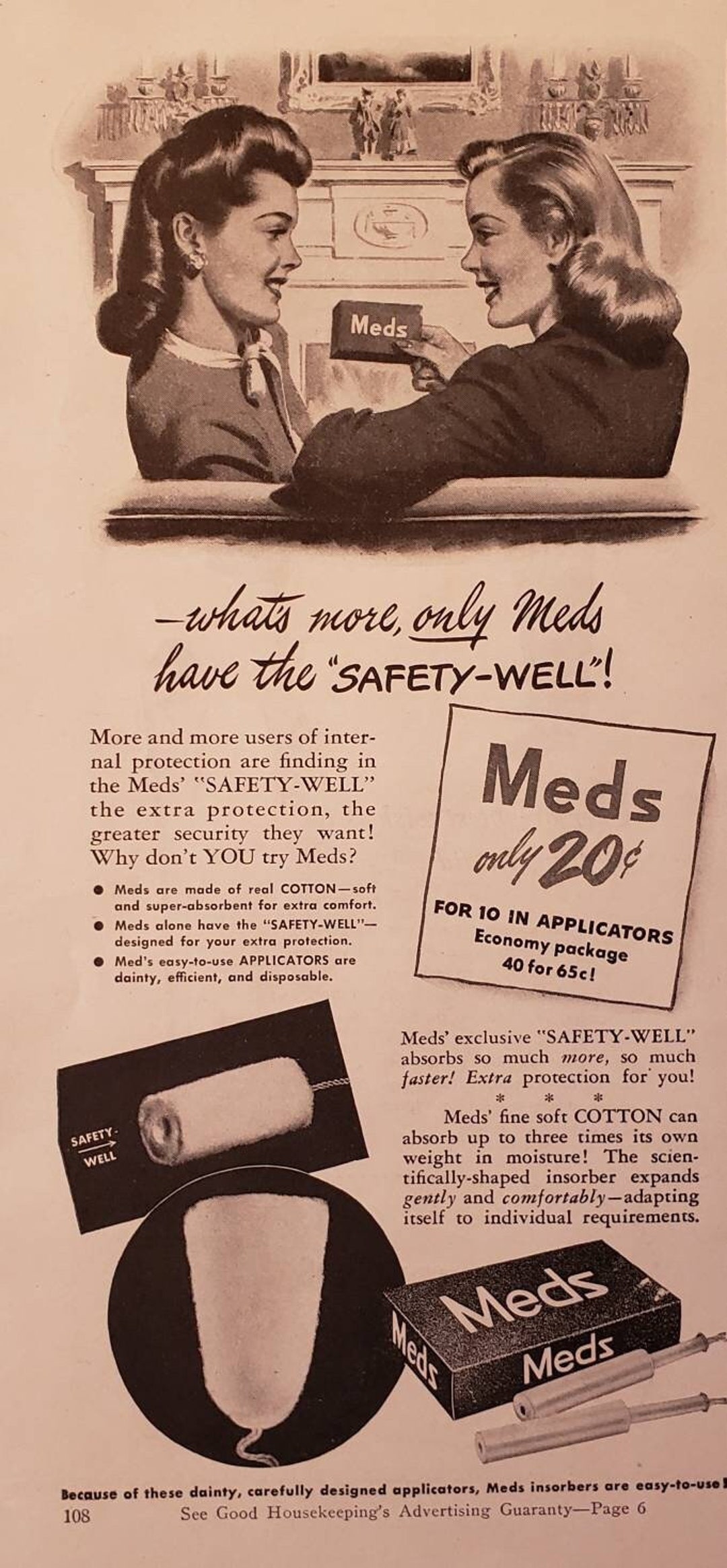 1945 MEDS Safety Well Tampons Women Feminine Hygiene Vintage Print Ad ...