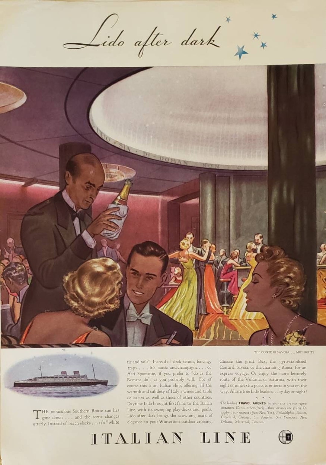 1937 ITALIAN LINE Conte Di Savoia Cruise Ship Liner Italy Lido Crossing ...