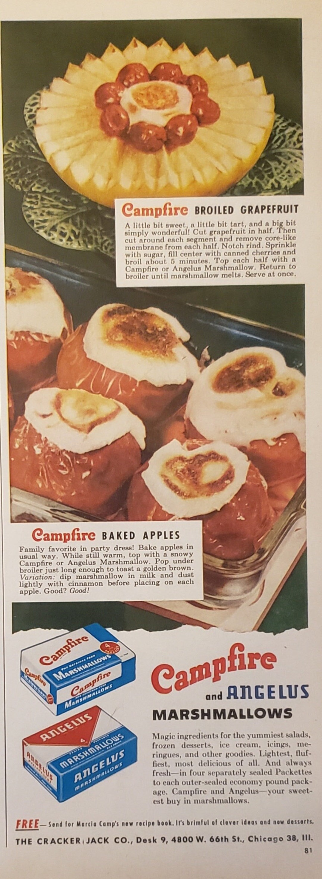 1951 CAMPFIRE ANGELUS MARSHMALLOWS Baked Apples Broiled Grapefruit ...